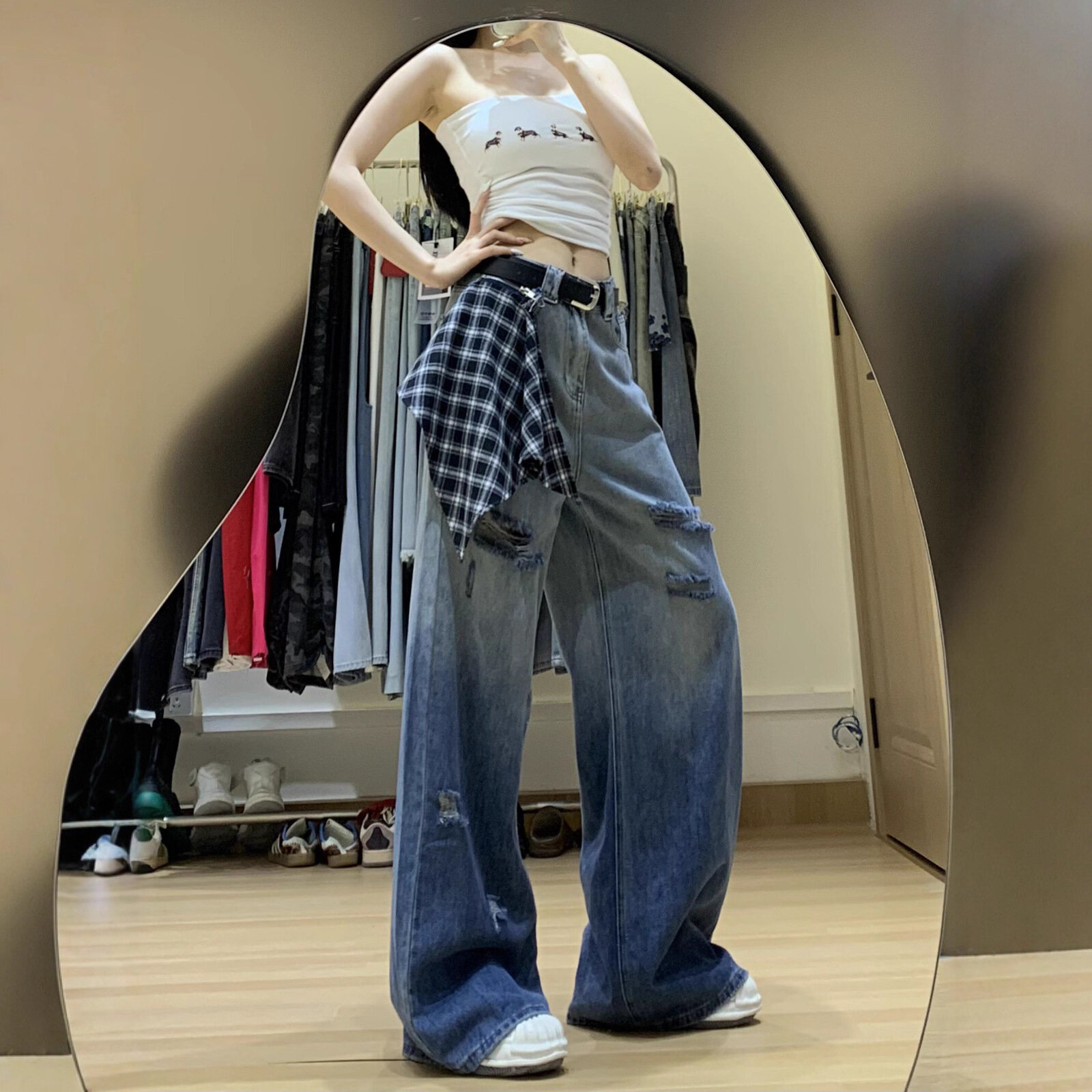 Женские джинсы LI Mall Американские градиентные рваные — осенние новинки клетчатые пэчворк широкие штаны, Размер_