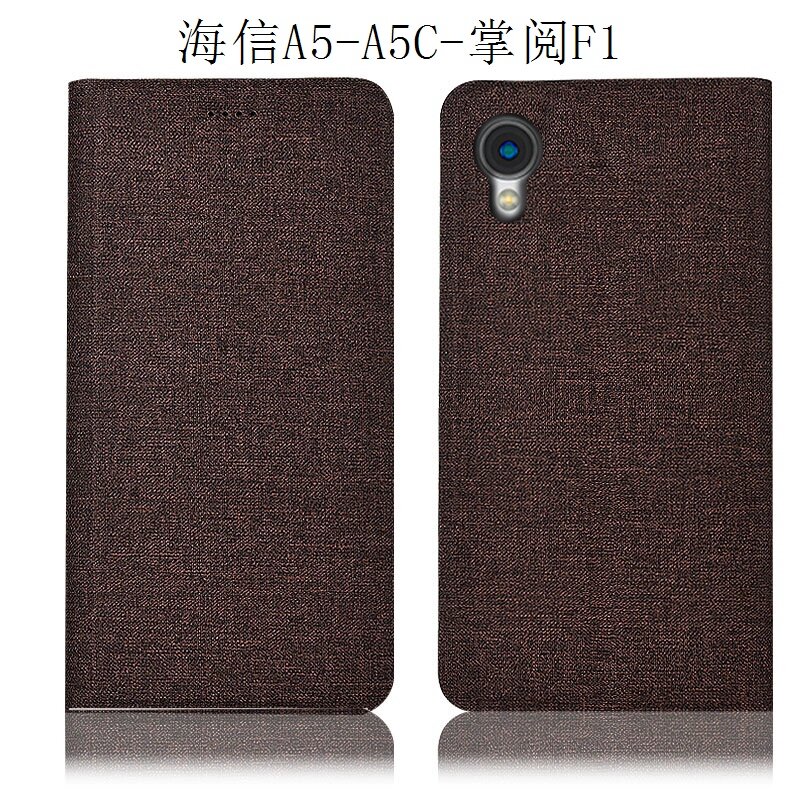 Чехол-крышка из льна для Haier A5/A5C и PocketBook F1, темно-кофейный цвет - защитный чехол с подставкой