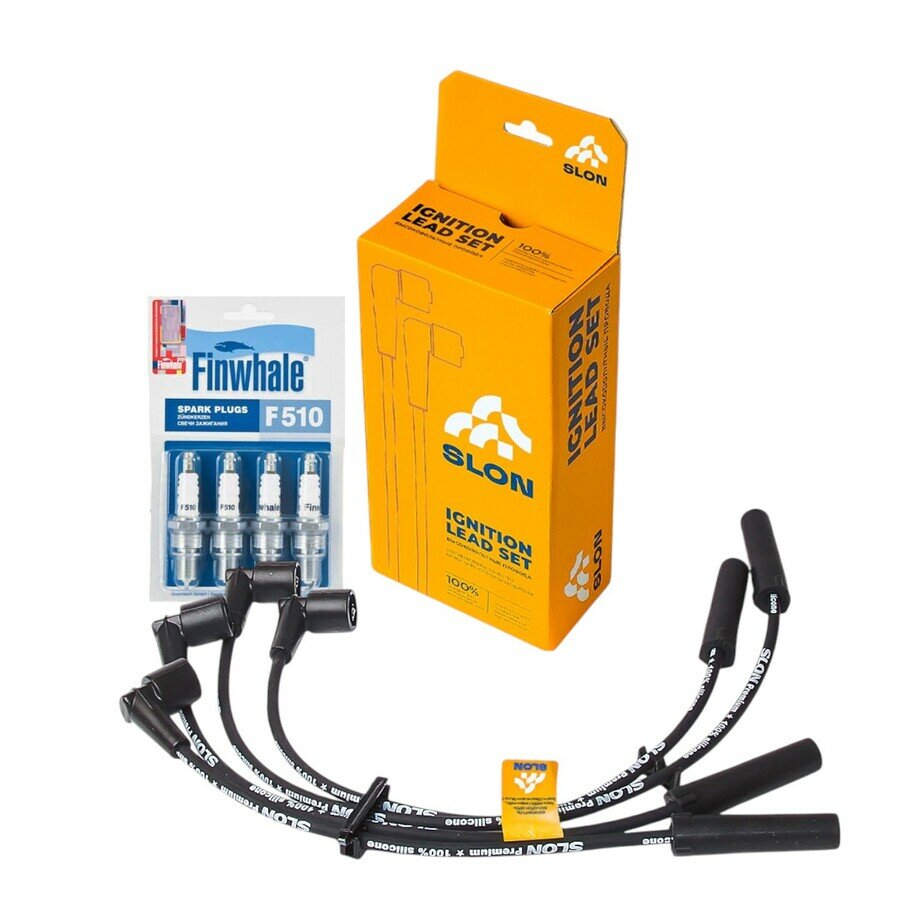 Комплект: Провода высоковольтные SLON + Свечи зажигания FINWHALE для ВАЗ 2108-09, 2113-15, 2110-12, 1118, 2170, 2190 инжектор 8-клап (артикул K-21113707080X1+F510X1)
