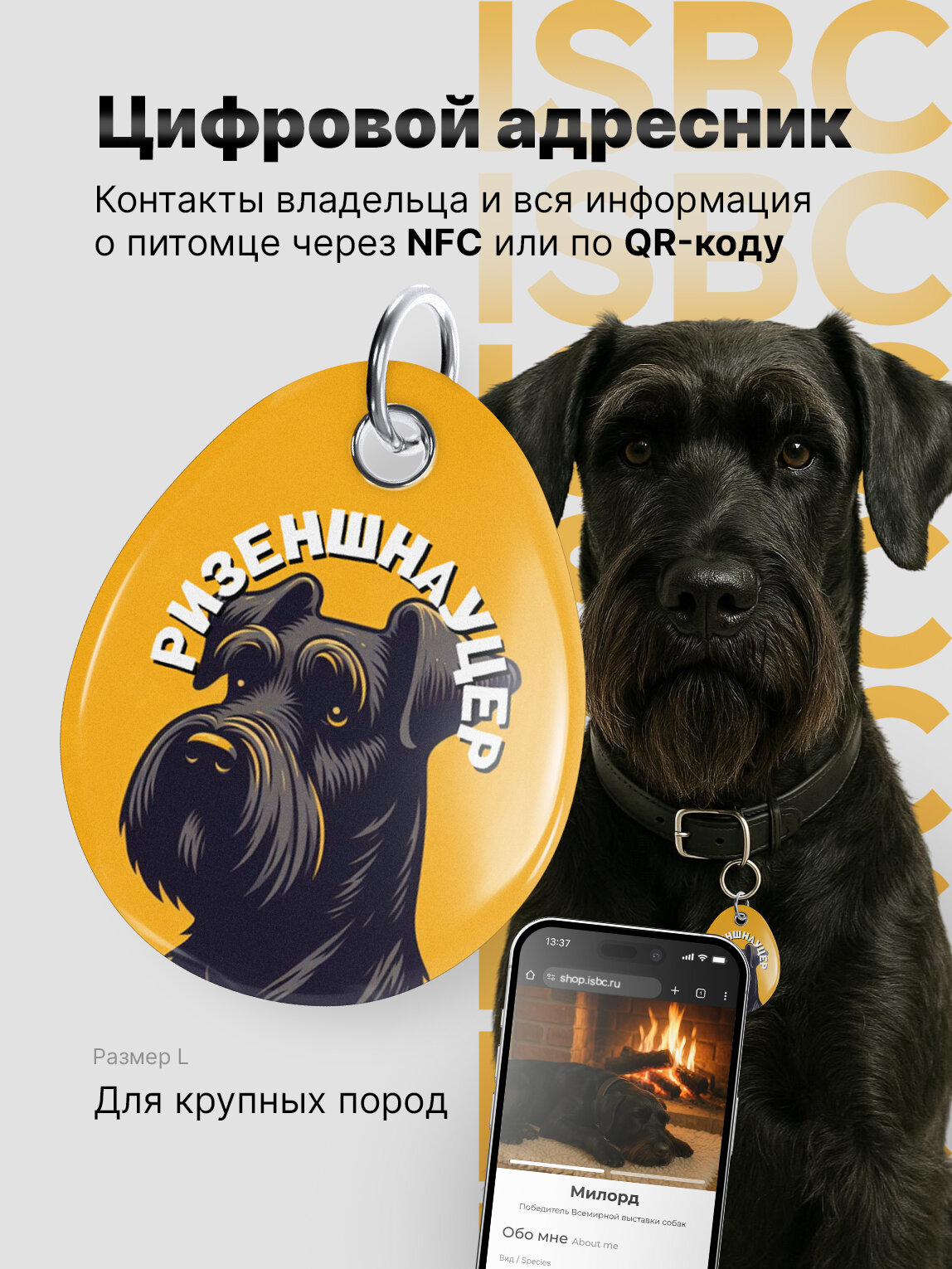 Адресник для собак средних и крупных пород от ISBC с NFC и QR-кодом, Ризеншнауцер