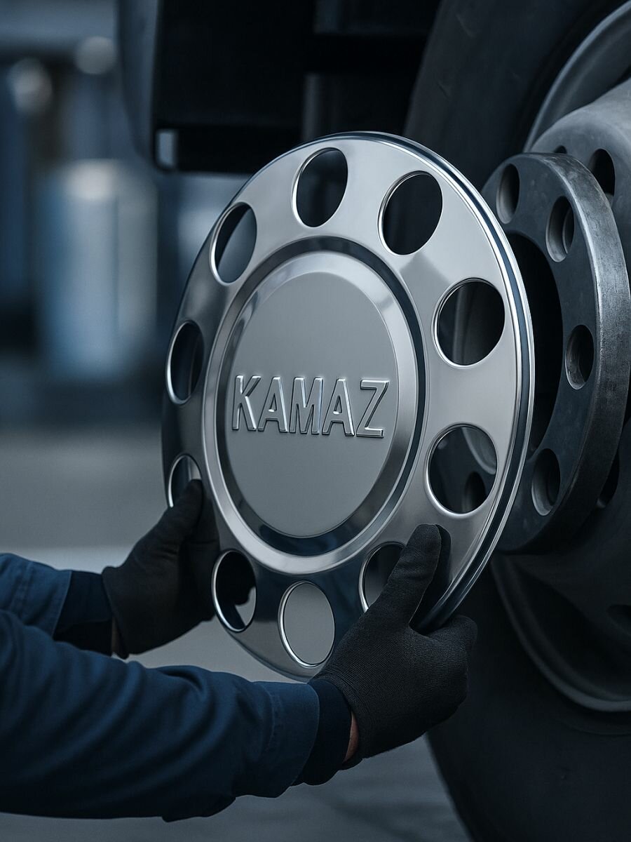 Колпаки колеса на передние колеса R22,5 с надписью КАМАЗ, закрытые, стальные, хромированные, комплект 2шт в упаковке