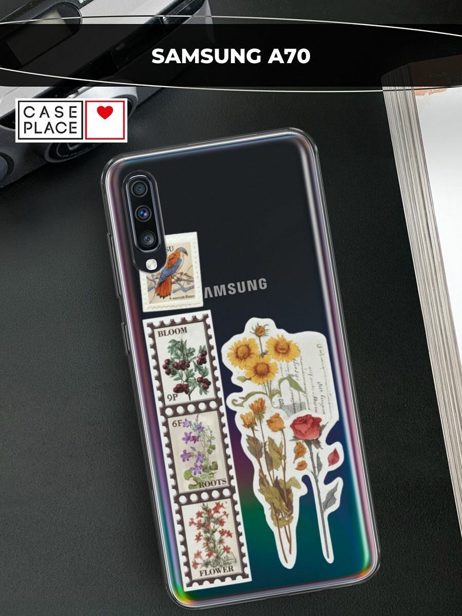 Чехол на Samsung Galaxy A70 / Самсунг Галакси А70 с принтом Марки с цветами