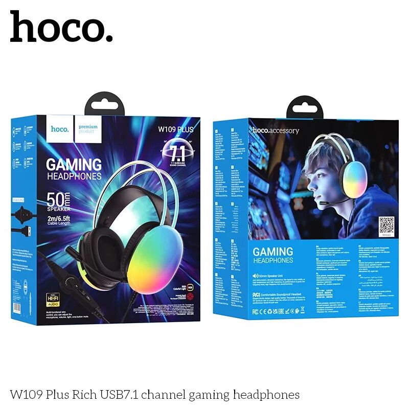 Гарнитура полноразмерная игровая HOCO W109 Plus LED, USB7.1 Black