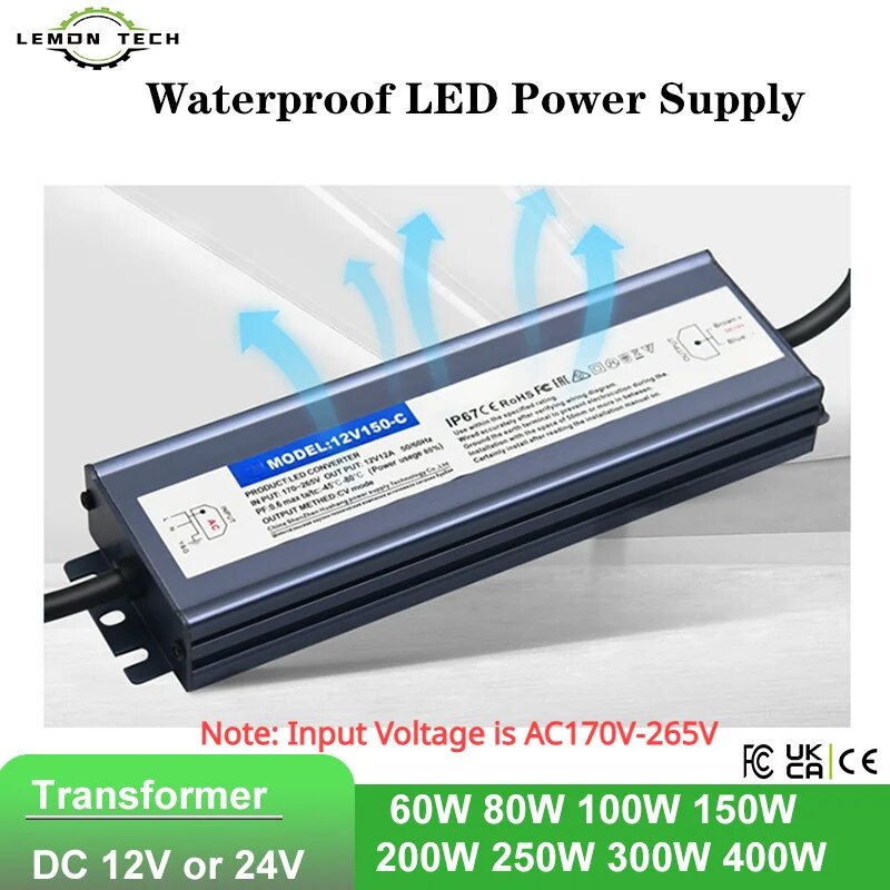 Водонепроницаемый LED драйвер IP67 150W 200W 220V 12V/24V 80W AC170V-265V, DC 12V