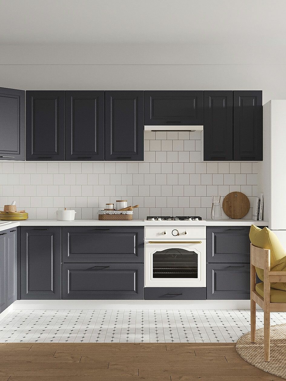 Кухонный гарнитур угловой Шервуд 3х1.8 м, мебель для дома и кухни, Белый / Шато индиго