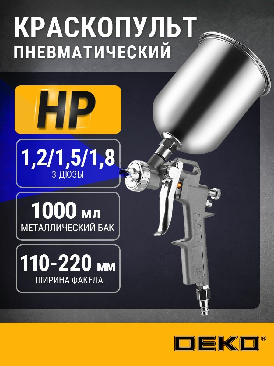 Краскопульт пневматический с верхним бачком и сменными соплами DEKO DKSG1U-1 (1000 мл, металл, 1.2/1.5/1.8 мм)