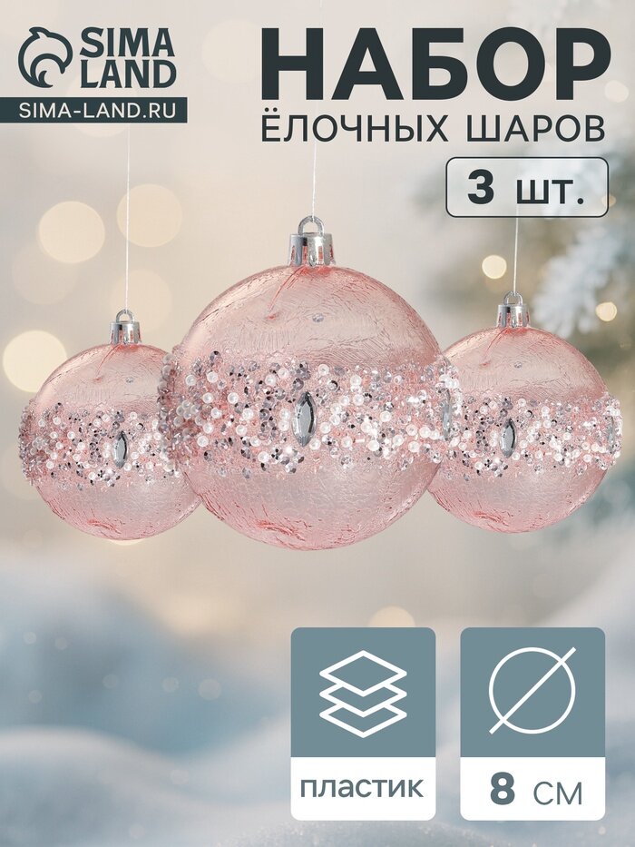 Ёлочные игрушки Эйдонс, шары новогодний, d=8 см, набор 3 шт, розовый