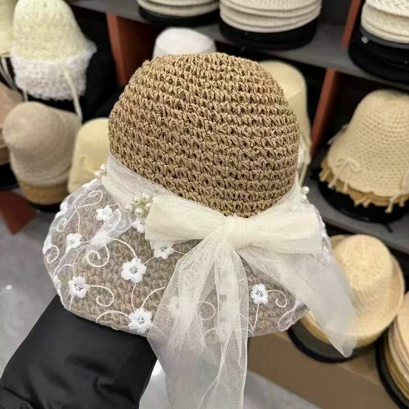 Летняя прогулка на пляже, соломенная шляпа с кружевным цветочным бантом в лесном стиле, соломенная дышащая пляжная шляпа с большими полями в японском стиле на шнуровке