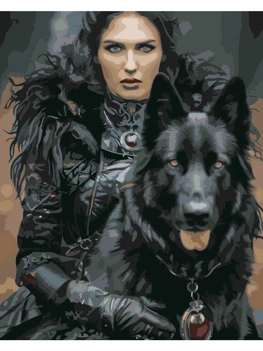 Картина по номерам Девушка с волком на деревянном подрамнике 40х50 см, кисти, краски, лак