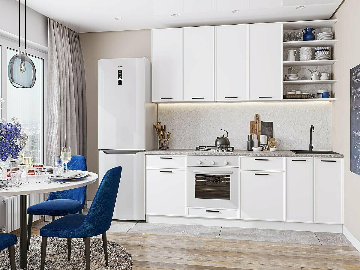 Готовый кухонный гарнитур 2.2 метра кухня без столешницы Фрейм-02 White Silk, Белый