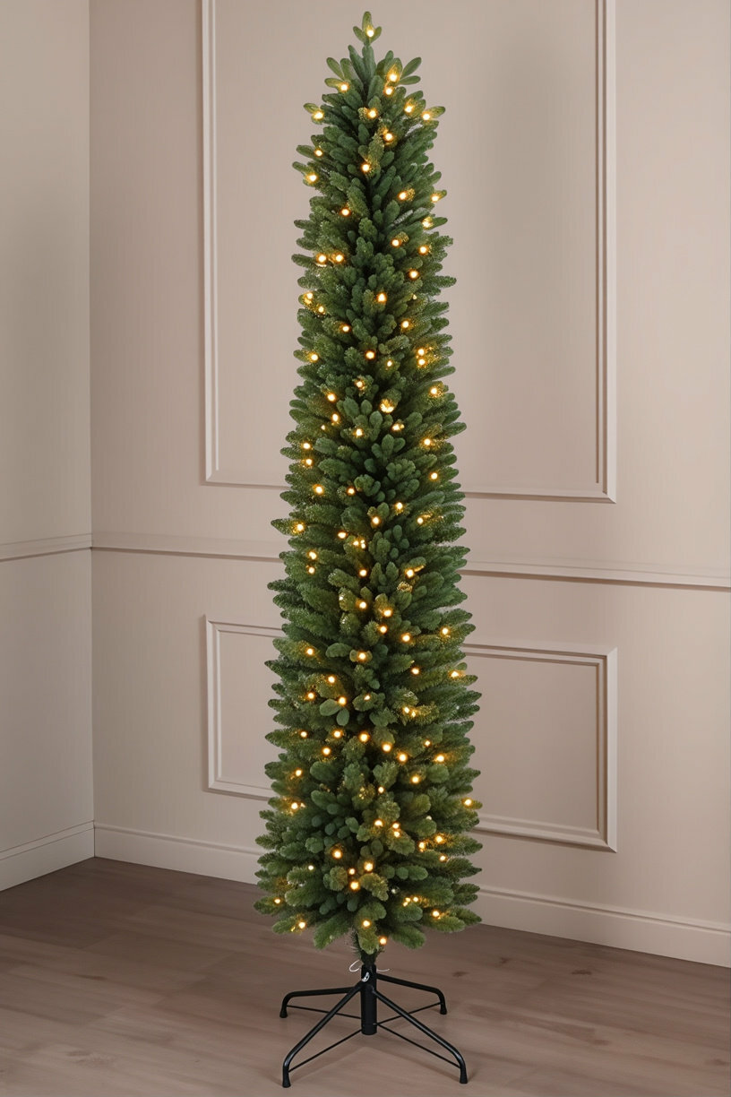 Искусственная елка с гирляндой Pensil Pine 270 см, 400 теплых белых LED ламп, литая+ПВХ, Винтер Деко (Winter Deco) 2000159