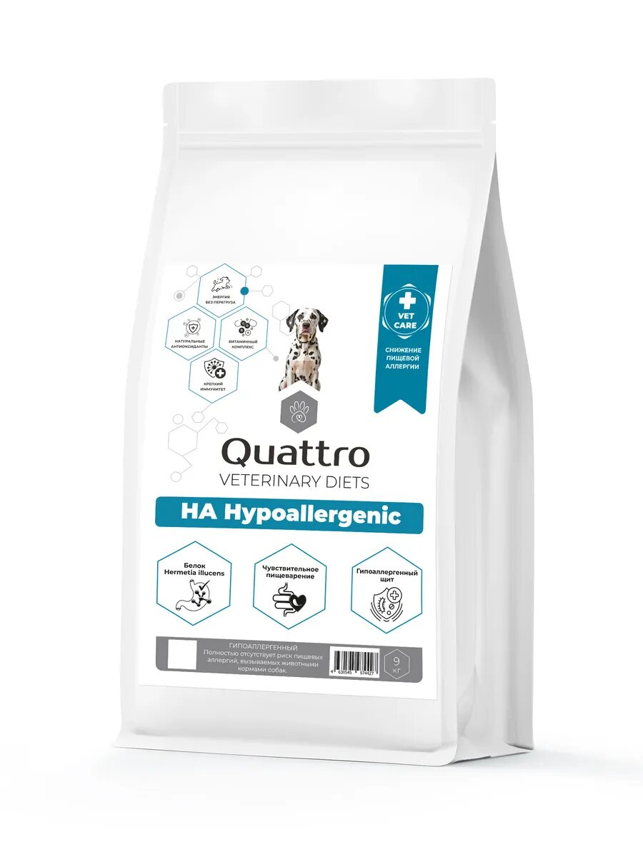 Quattro VD Hypoallergenic HA корм для собак средних и крупных пород, снижение пищевой аллергии 9 кг