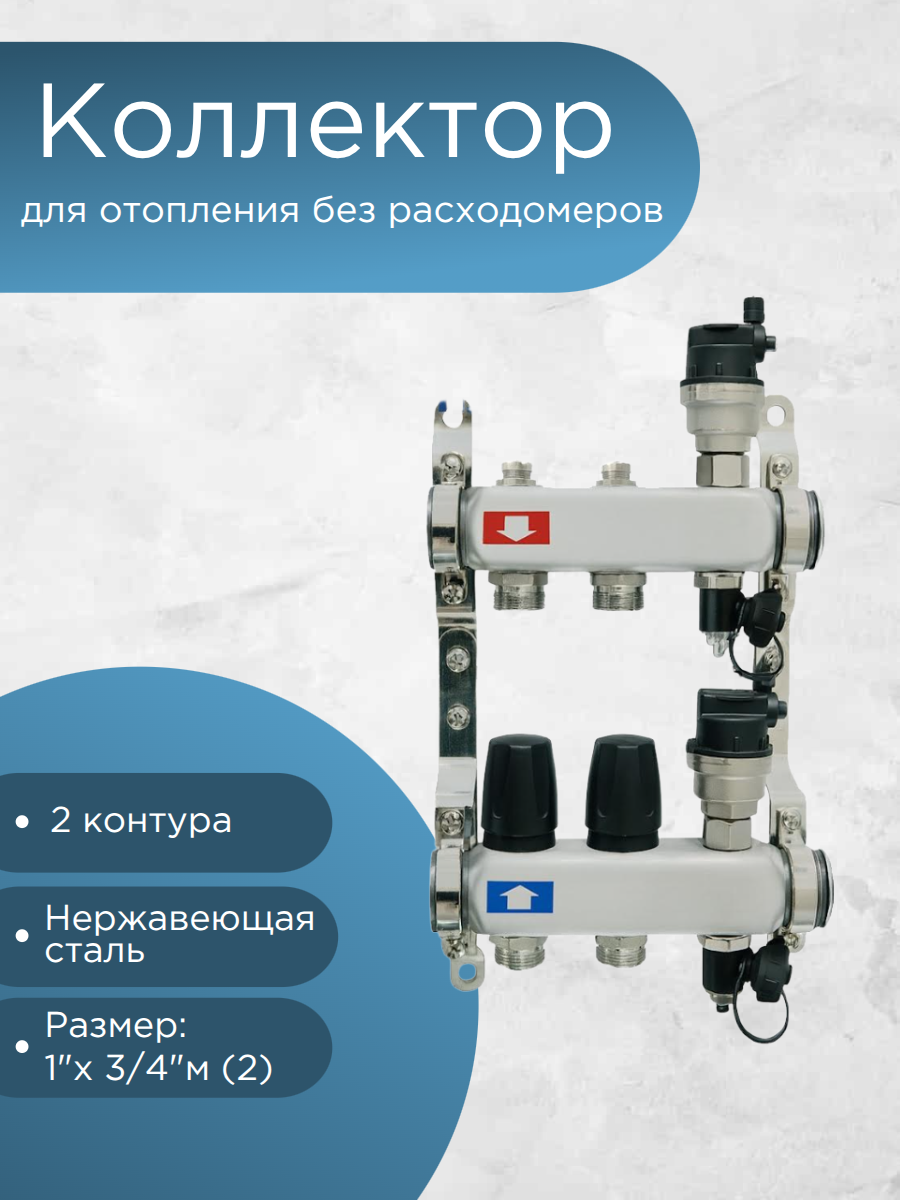 Коллекторная группа Tim KBS5002, для отопления, 2 отвода, нержавеющая сталь