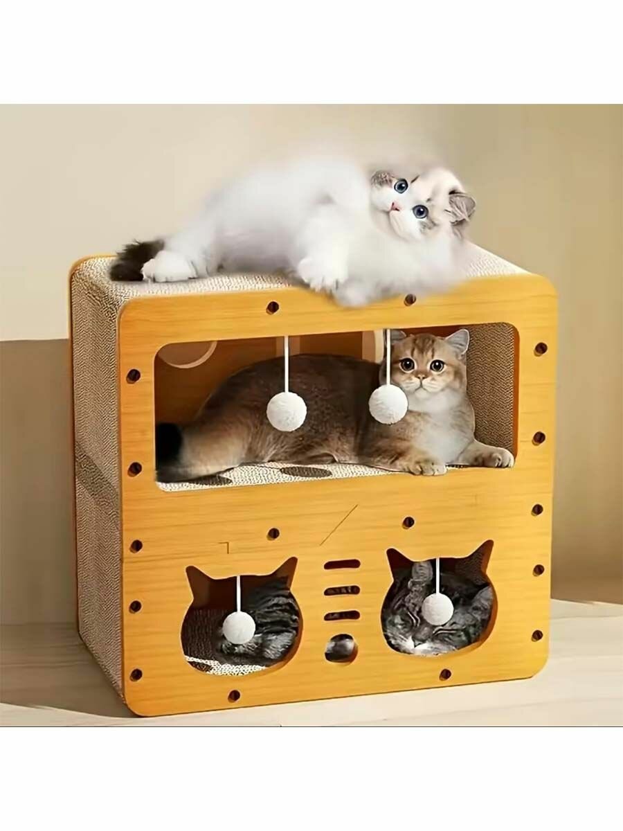 Лежанка-домик для кошек из картона с когтеточкой, двухэтажный игровой дом для котят и мелких животных