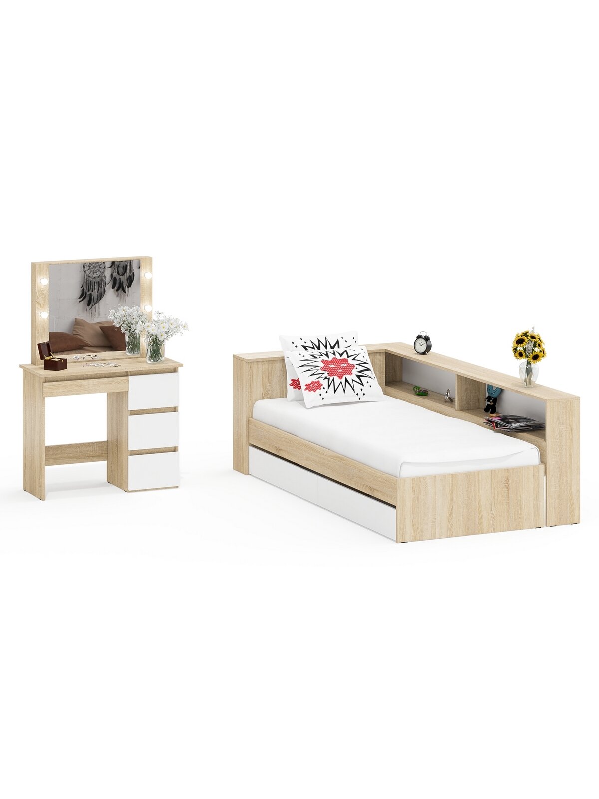 Кровать с ящиками с прикроватным блоком для вещей Ксения 900 и столик Сура, дуб сонома/белый, сп. м. 900х2000 мм.