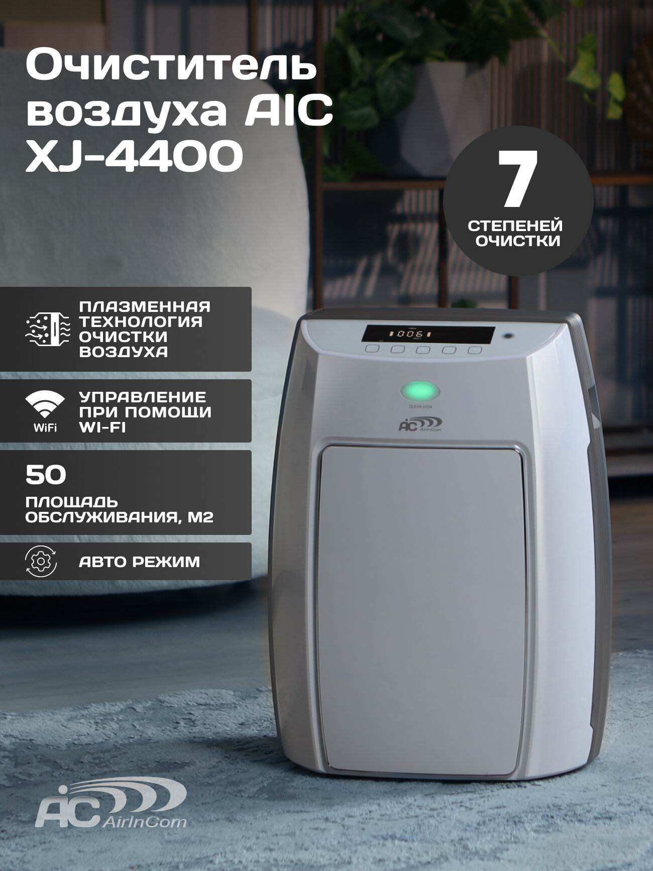 Очиститель воздуха AIC XJ-4400, HEPA, Уголь, Плазма, WI-FI, Ионизатор, Авторежим, белый