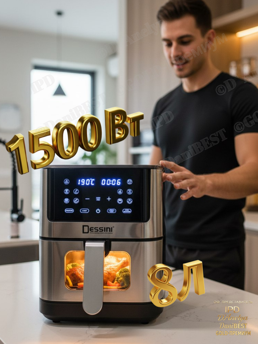 Аэрогриль 8 литров, 10 программ, чаша с подсветкой, металлический корпус, сенсорный дисплей