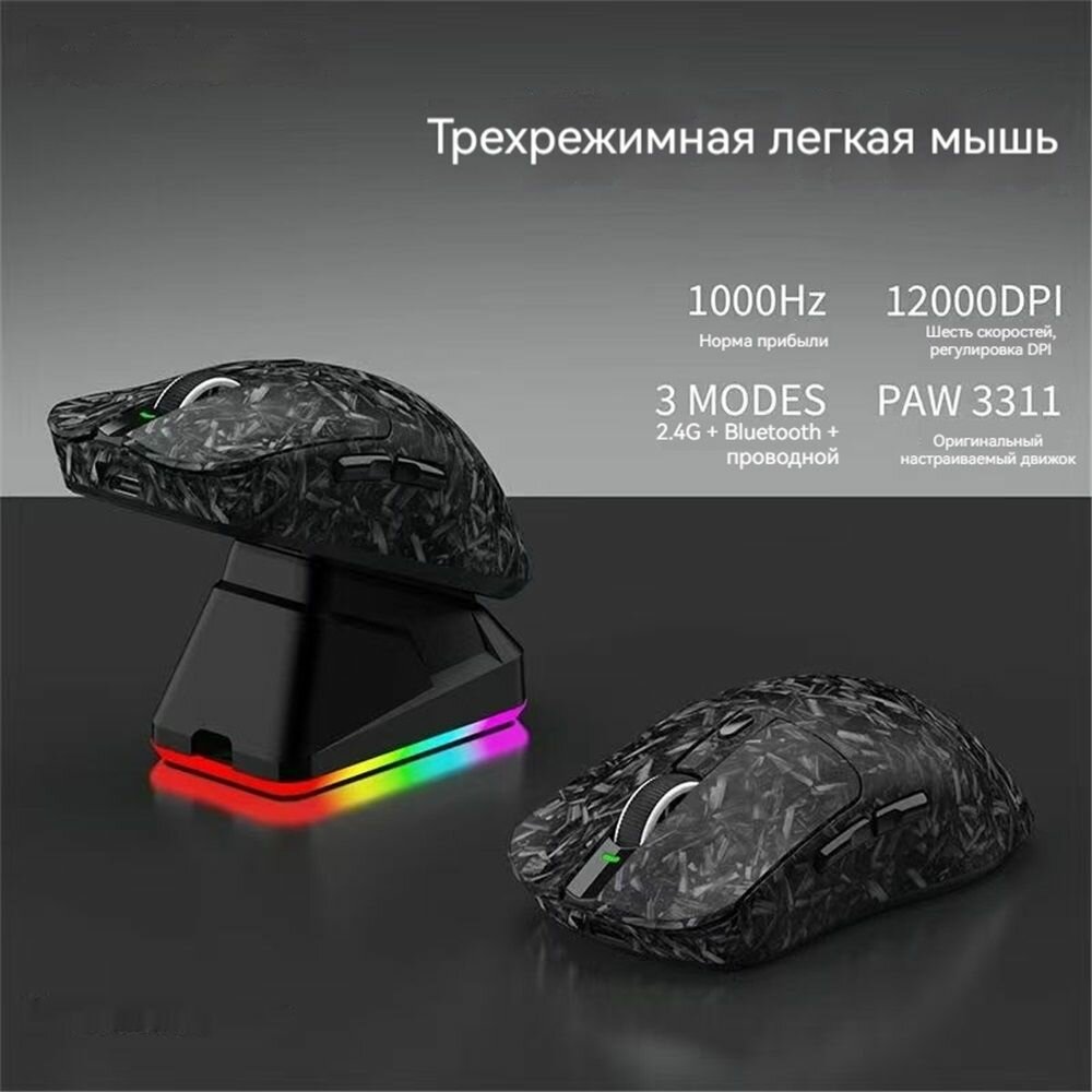 SENDEYUAN Мышь беспроводная Трехрежимная игровая Беспроводная мышь (2.4G + Bluetooth + проводной) - 6 уровней DPI, магнитная зарядка, светящееся кольцо, 1000 Гц, черный матовый геймерская мышь три режима