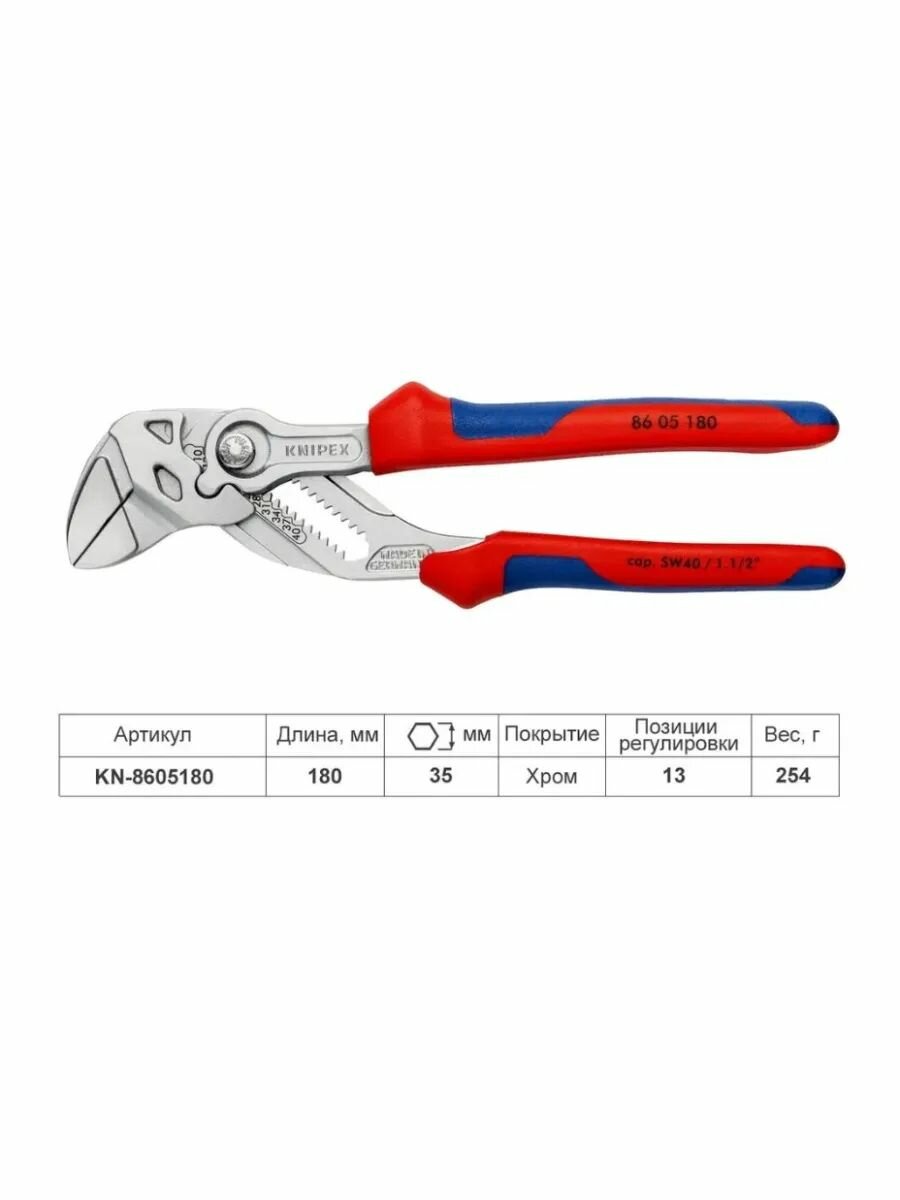 Клещи KNIPEX переставные-гаечный ключ, зев 27 мм, длина 180 мм, хром, 2-комп ручки KN-8605150