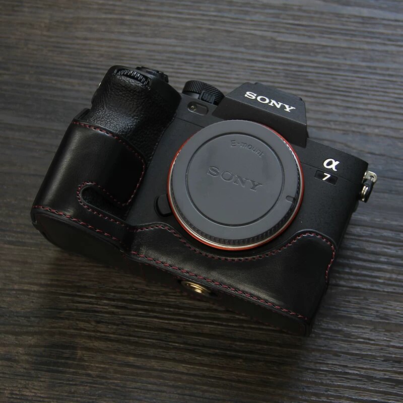 Черная кожаная подставка с красной линией для камеры Sony A7M4/A7S3/A1 противоскользящий чехол