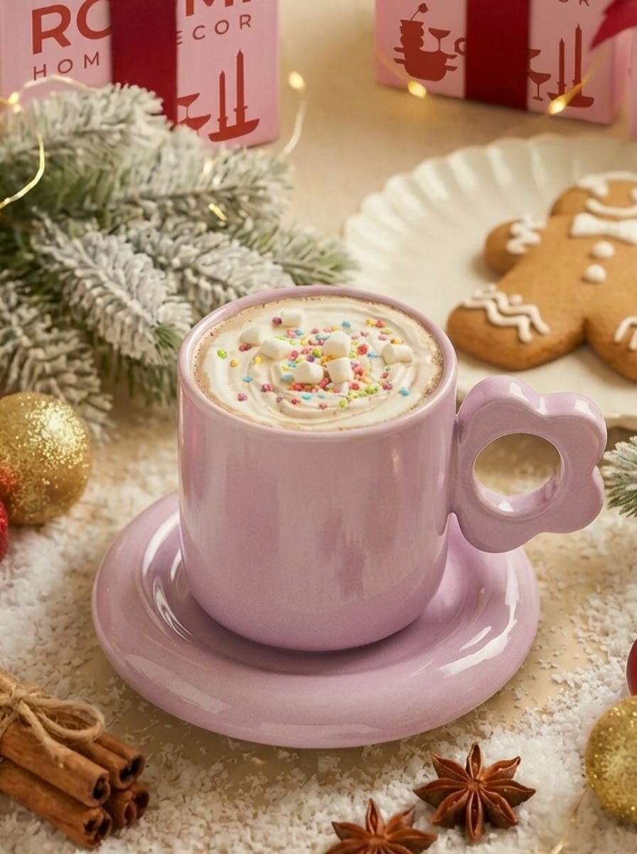 Чайная пара керамическая 325 мл, набор кофейной пары чашка бублик и блюдце керамика, цвет фиолетовый