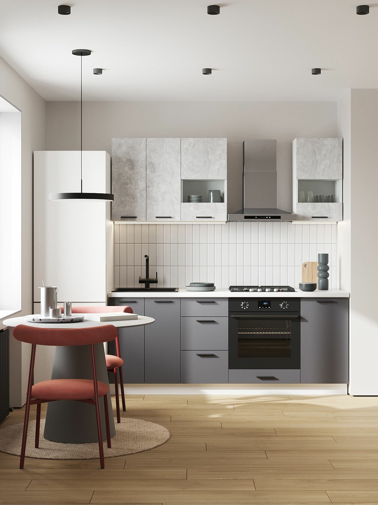 Кухонный гарнитур Урбан 2 м, мебель для дома и кухни, Белый / Цемент светлый со стеклом / Графит серый