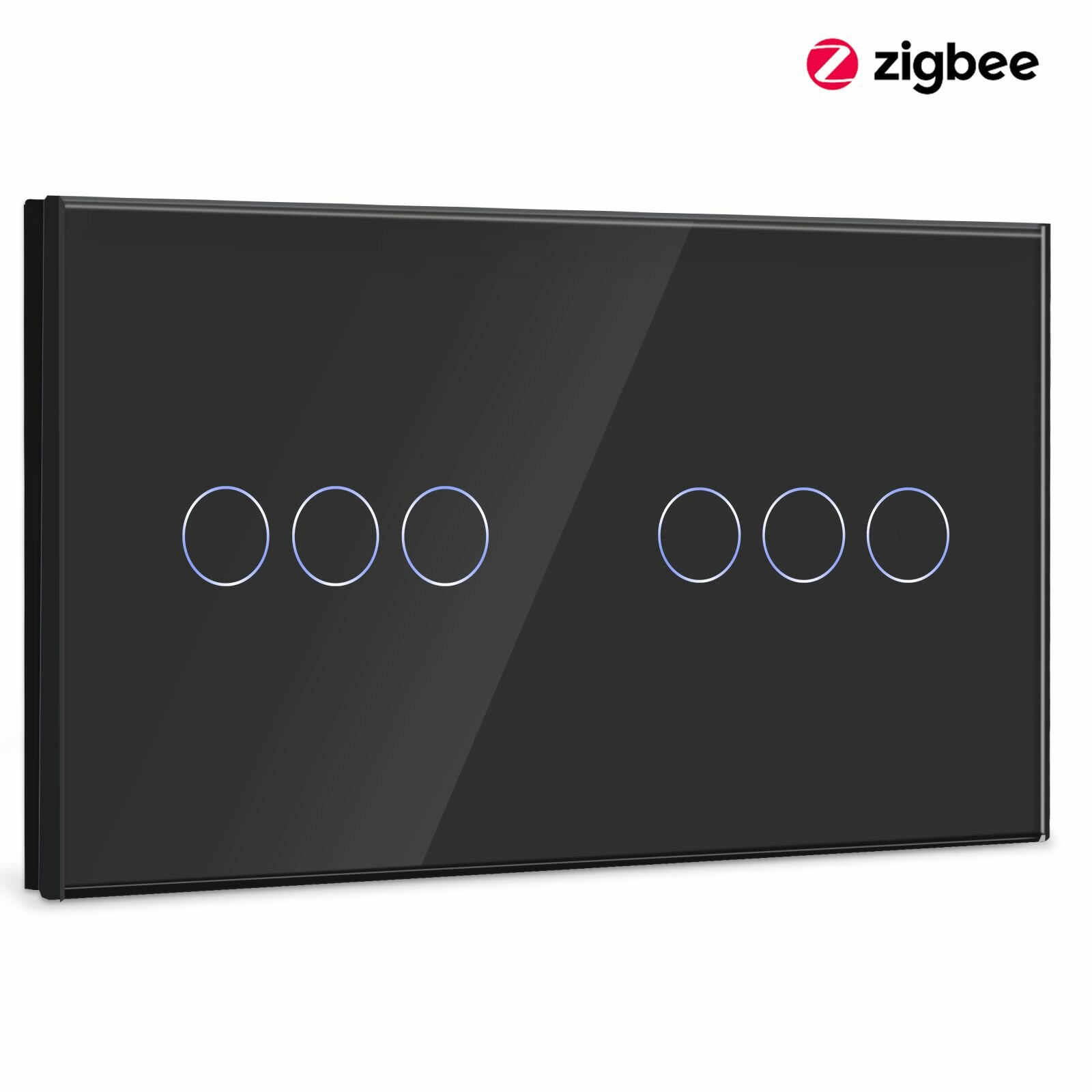 Сенсорный выключатель c Алисой, умный Zigbee выключатель, 6 клавиши 2 поста (3+3), без нуля на, панель стекло Черная,157mm