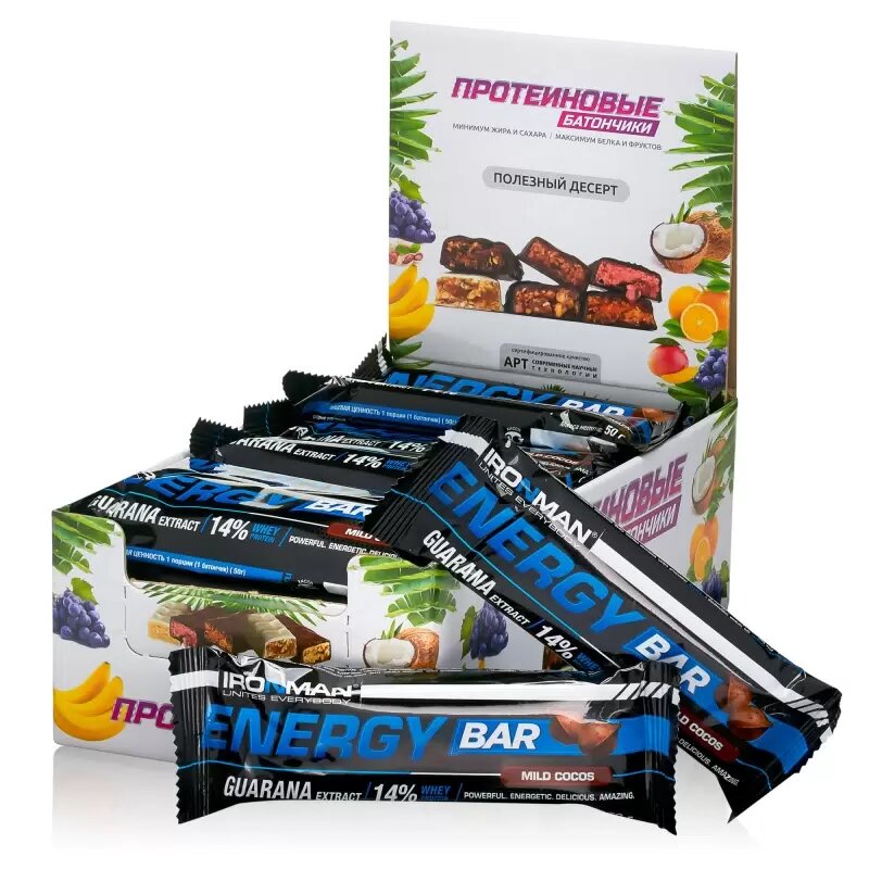 Батончик IRONMAN "Energy Bar", с гуараной и кокосом, 50 г, в темной глазури, 12шт.