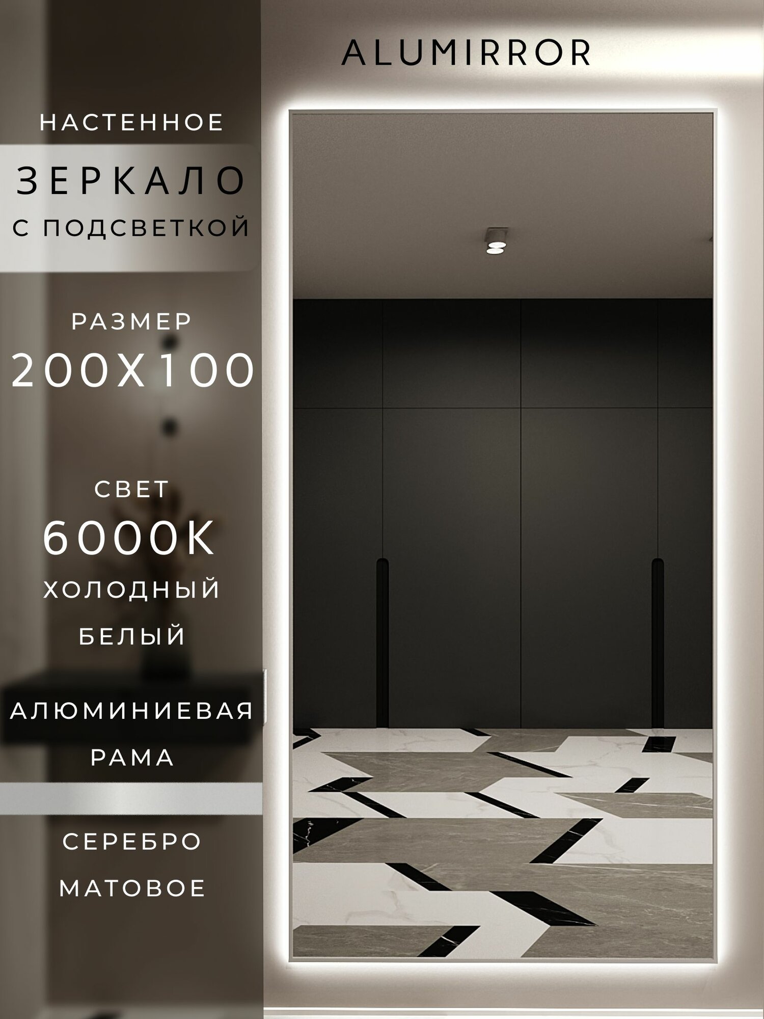 Зеркало настенное 200х100 см. серебро с подсветкой Свет: Холодный белый 6000К В алюминиевой раме интерьерное ALUMIRROR