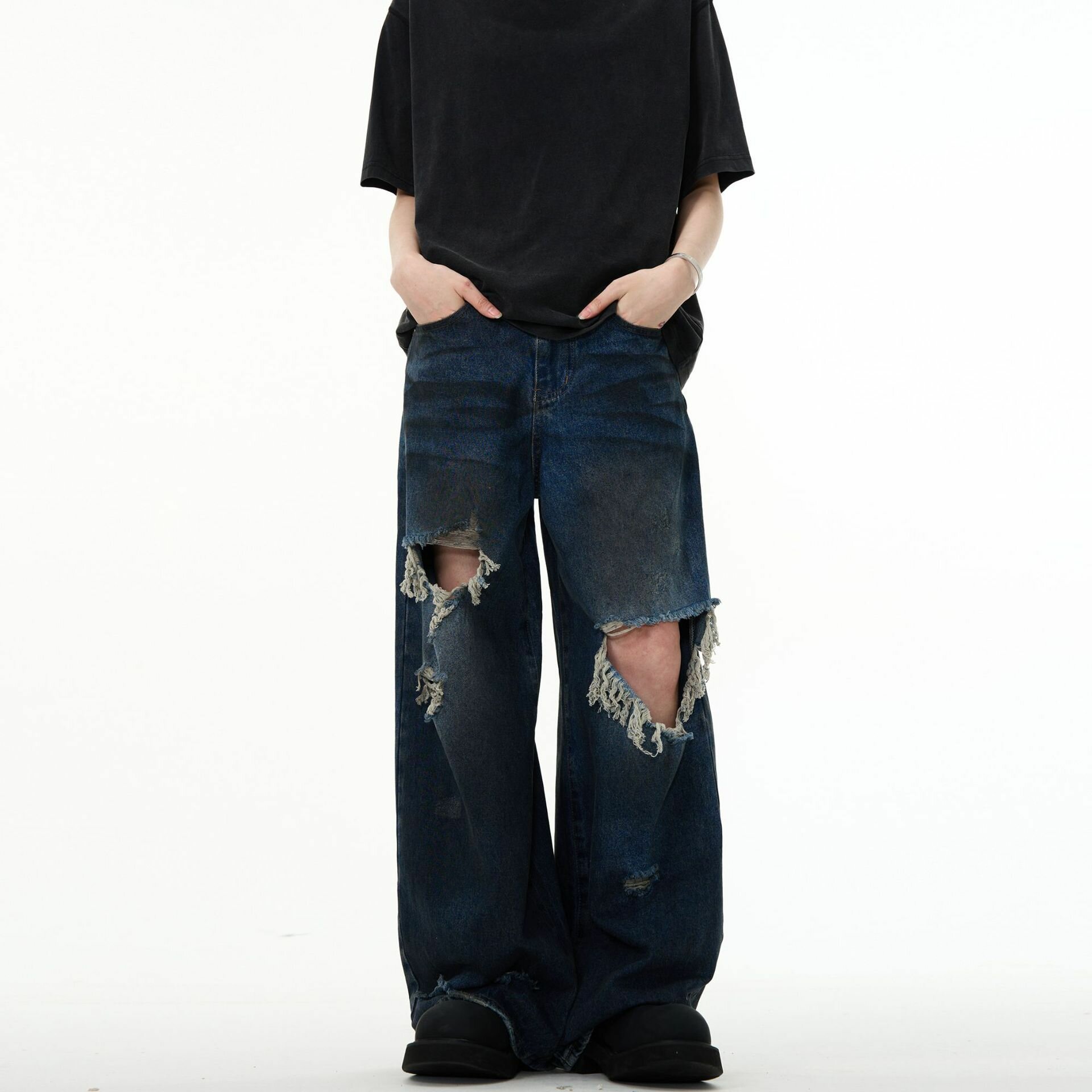 Тренд RONG CH Мужские Джинсы Стиральные Апокалипсис Потертые Широкие Деним, Размер_L