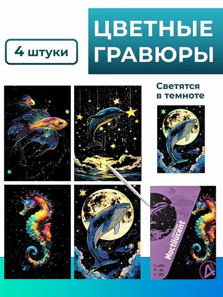 Набор цветных гравюр Кит (4 картины формата А4)