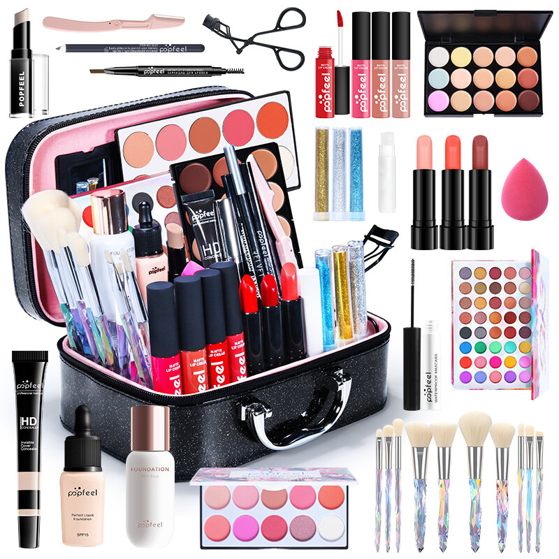 Professional Makeup Kit for Women Full Kit, Набор косметики с сумкой для макияжа, включающий палетку теней для век, набор кистей для макияжа, помаду, глиттер для губ, тонер, консилер