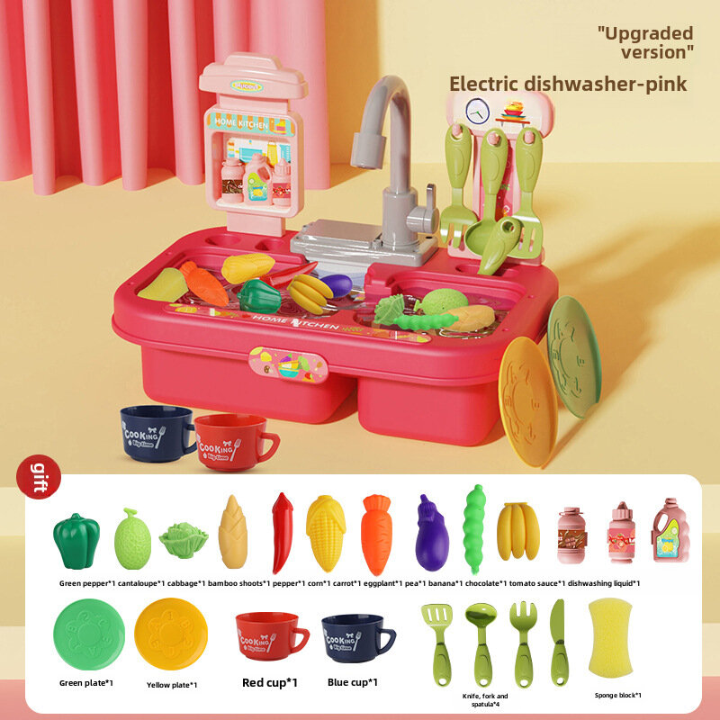 Плита для кухни семейная Посудомоечная машина для детей Симуляционная кухонная техника Электрическая посудомоечная машина Кухонные игрушки для девочек Игрушки для готовки Кросс-бордер (Новая электрическая посудомоечная машина - Красная - Улучшенная)