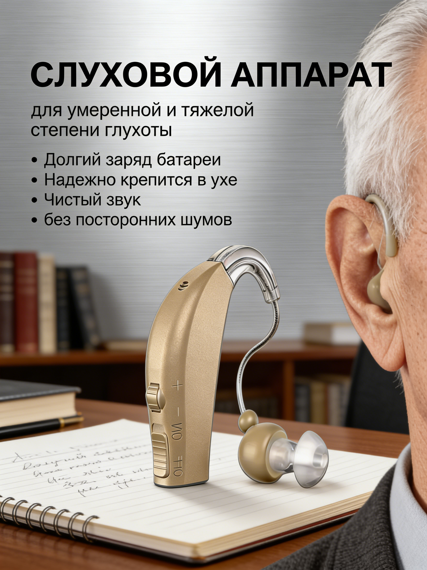 Накладной слуховой прибор с зарядным устройством для пожилых и взрослых