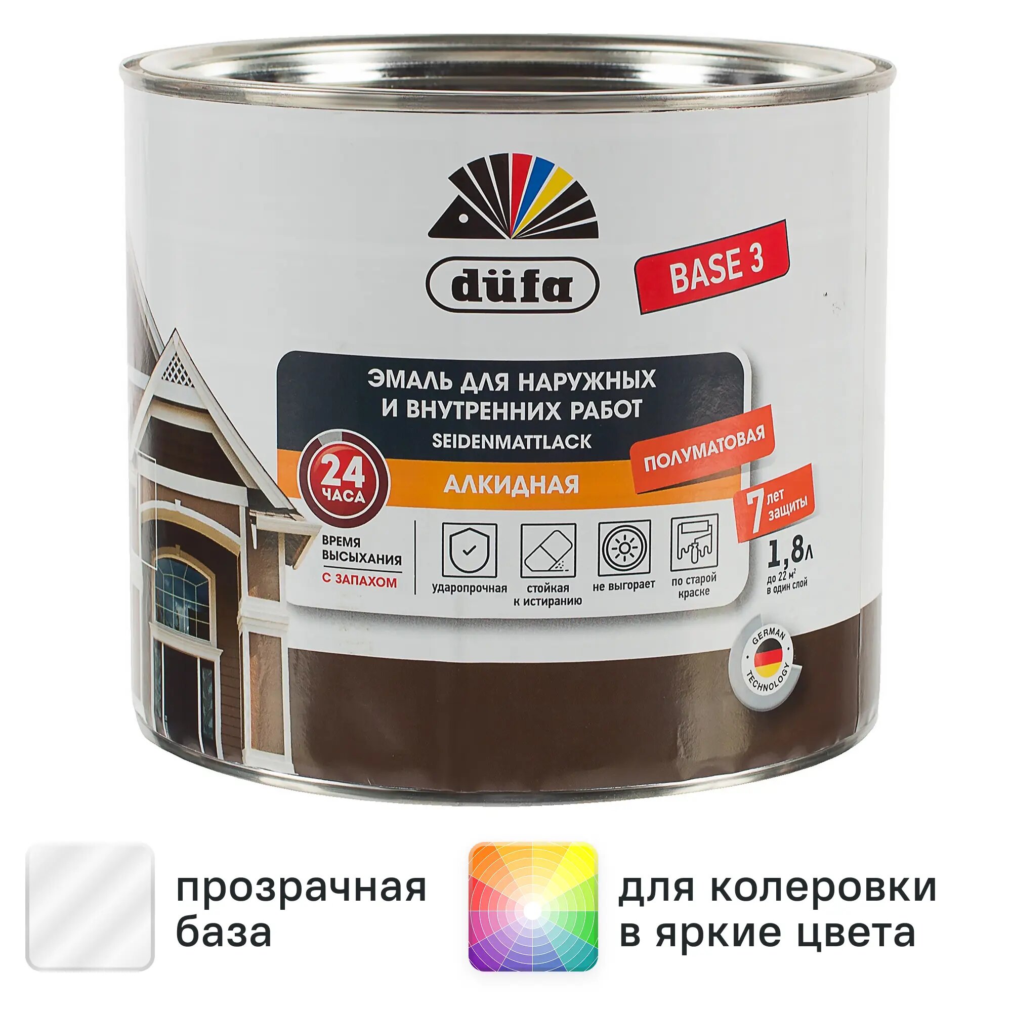 Эмаль для колеровки Dufa полуматовая 1.8 л прозрачная база 3