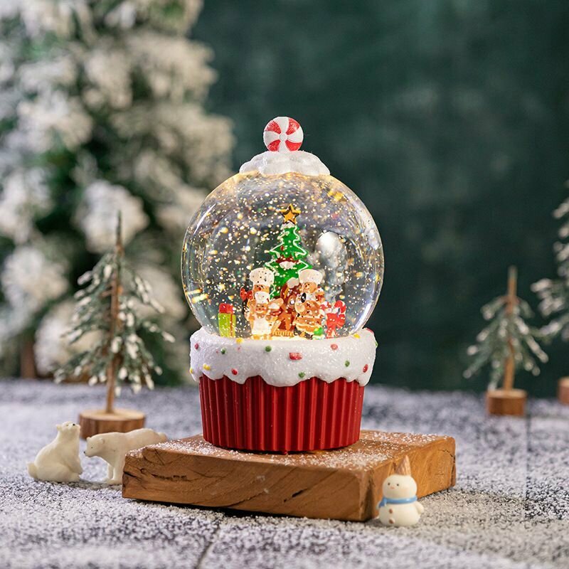 Новогодний декоративный снежный светильник-фонарь. Музыка, снег, свет, карусель. Шар пирожное с елкой 11,5х11,5х19,5см
