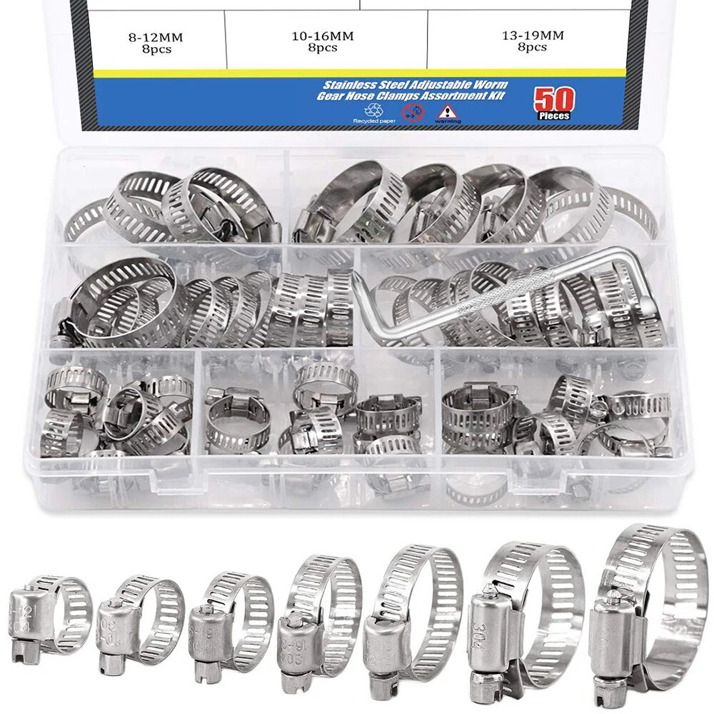 Регулируемые хомуты для шлангов из нержавеющей стали 8-38 мм, набор из 50 штук