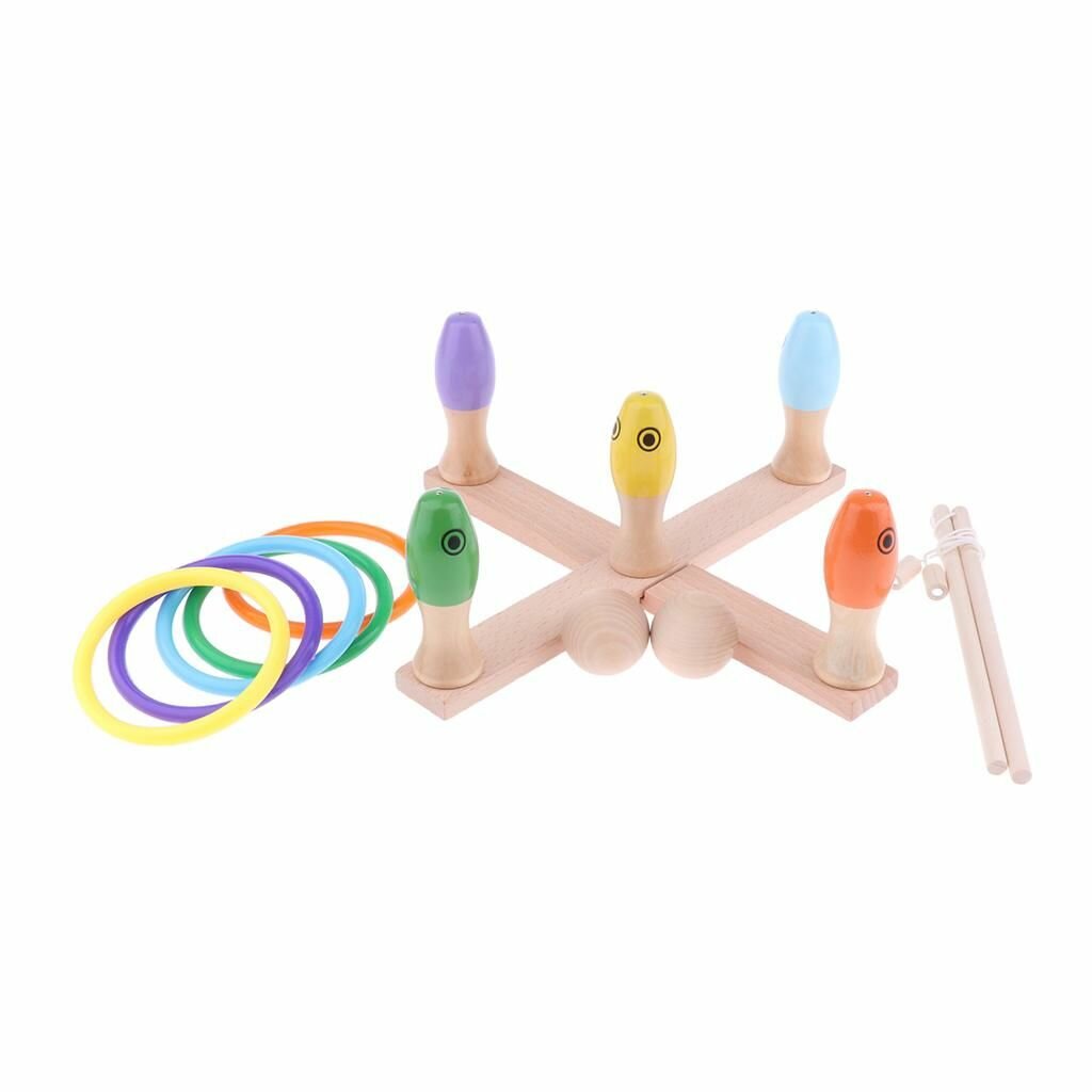 Деревянный развивающий набор 3 в 1: кольцеброс, рыбалка и боулинг для малышей, улучшающий координацию и концентрацию.