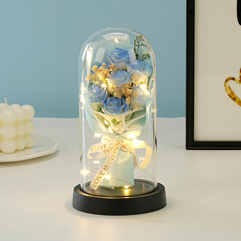 Букет вечных роз в стеклянном куполе, ночник, украшение, сухоцветы, гипсофила, подарок на День святого Валентина для девушки