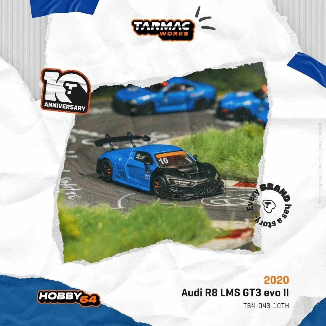 Машинка Tarmac Works TW 1:64 Audi R8 LMS GT3 evo II Tarmac Works 10th Anniversary T64-043-10TH Die-cast Alloy Car Model Collection Toy Gift