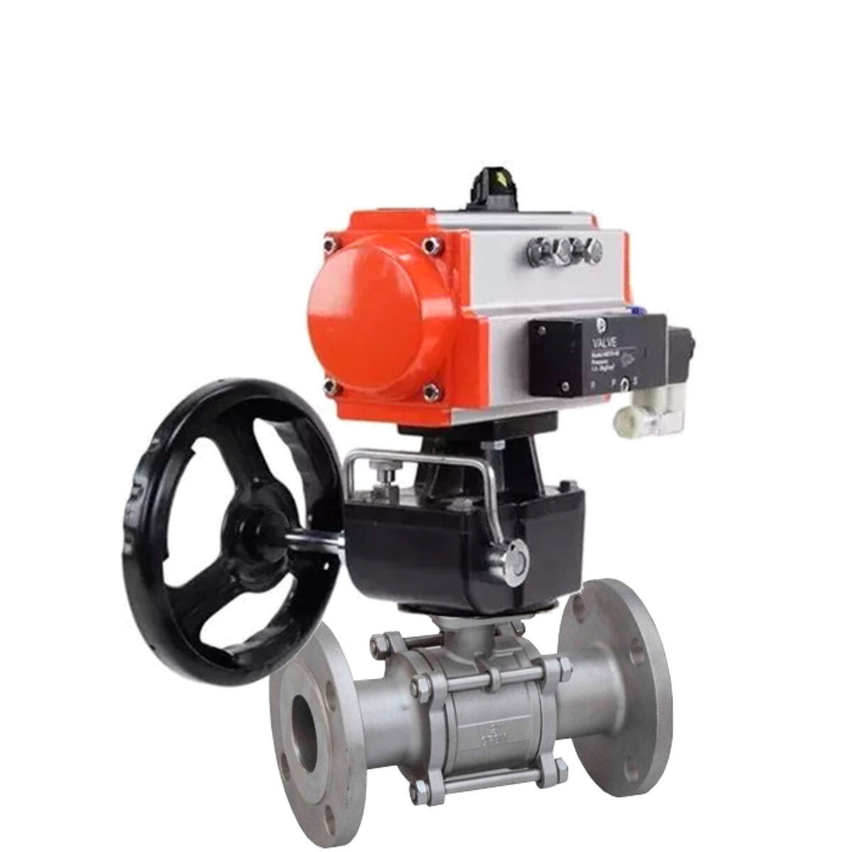 Кран шаровой DN.ru кшфпт 316.180 Ду65 Ру25 фланцевый, полнопроходной, трехсоставной, корпус нержавеющая сталь 316, уплотнение PTFE, с пневмоприводом DA-083, пневмораспределителем 24VDC, ручным дублером HDM-2 и БПВ APU1-10-40-V08 (опрессовано)