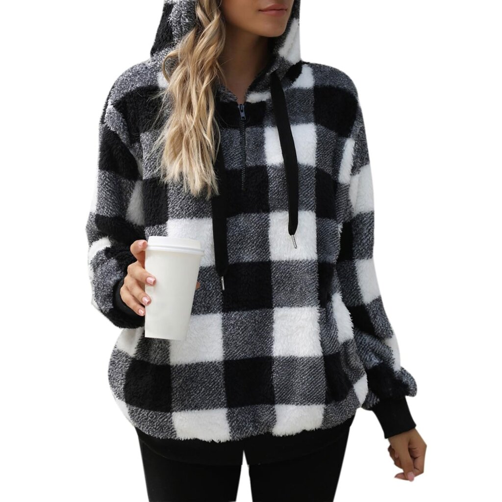Женский пуловер, плюшевая толстовка оверсайз, двухслойная шерстяная толстовка, пушистая клетчатая куртка-черный-2XL