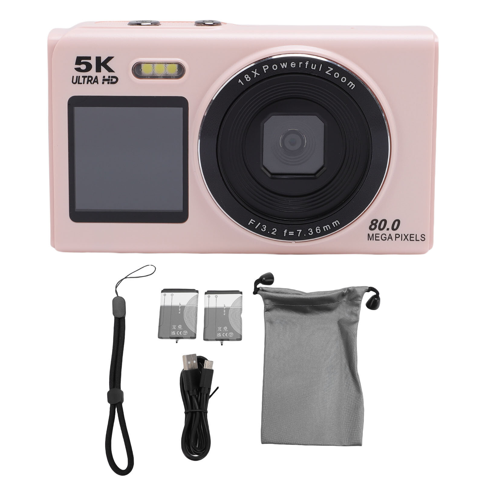 Цифровая камера 5K для фотографии, 80MP HD, Wi-Fi, 18-кратный цифровой зум, автофокус, цифровая камера с двумя экранами для подростков, начинающих, розовая