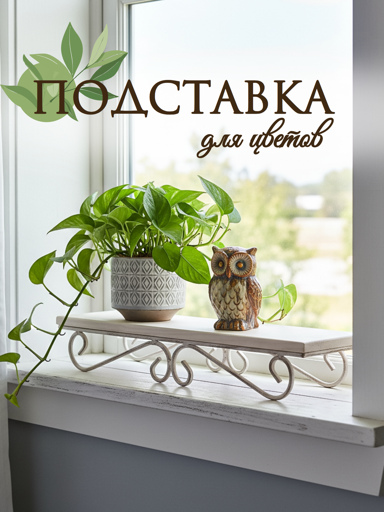 Подставка на подоконник для растений в горшках и кашпо из кованого металла, Laptev, цвет белый, бронзовый