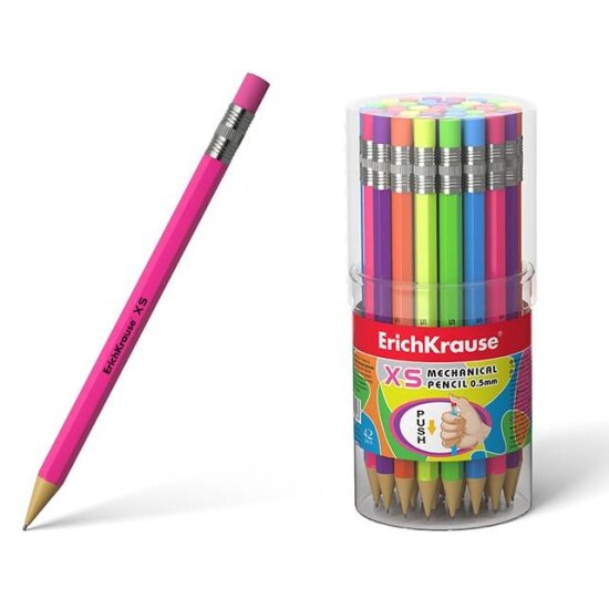Карандаш Erich Krause мех. ErichKrause XS 0,5 мм НВ с ластиком ассорти
