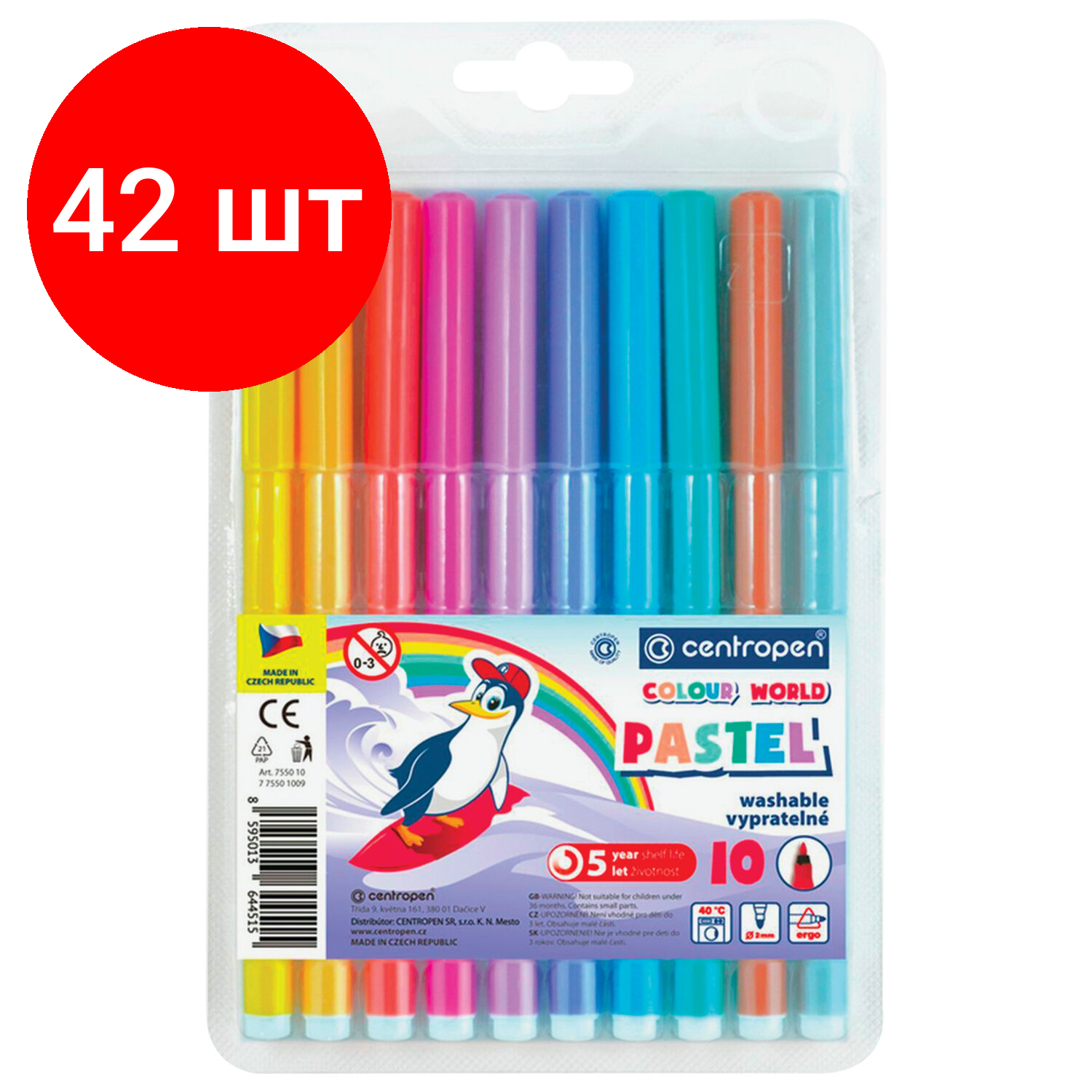 Комплект 42 шт, Фломастеры пастельные 10 цветов CENTROPEN "Colour World Pastel", смываемые, 7550/10TP, 7 7550 1087