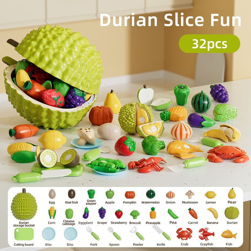 Детская игра в симуляцию овощей и фруктов, нарезка дуриана, веселая кухня для малышей, обучающие игрушки для приготовления еды