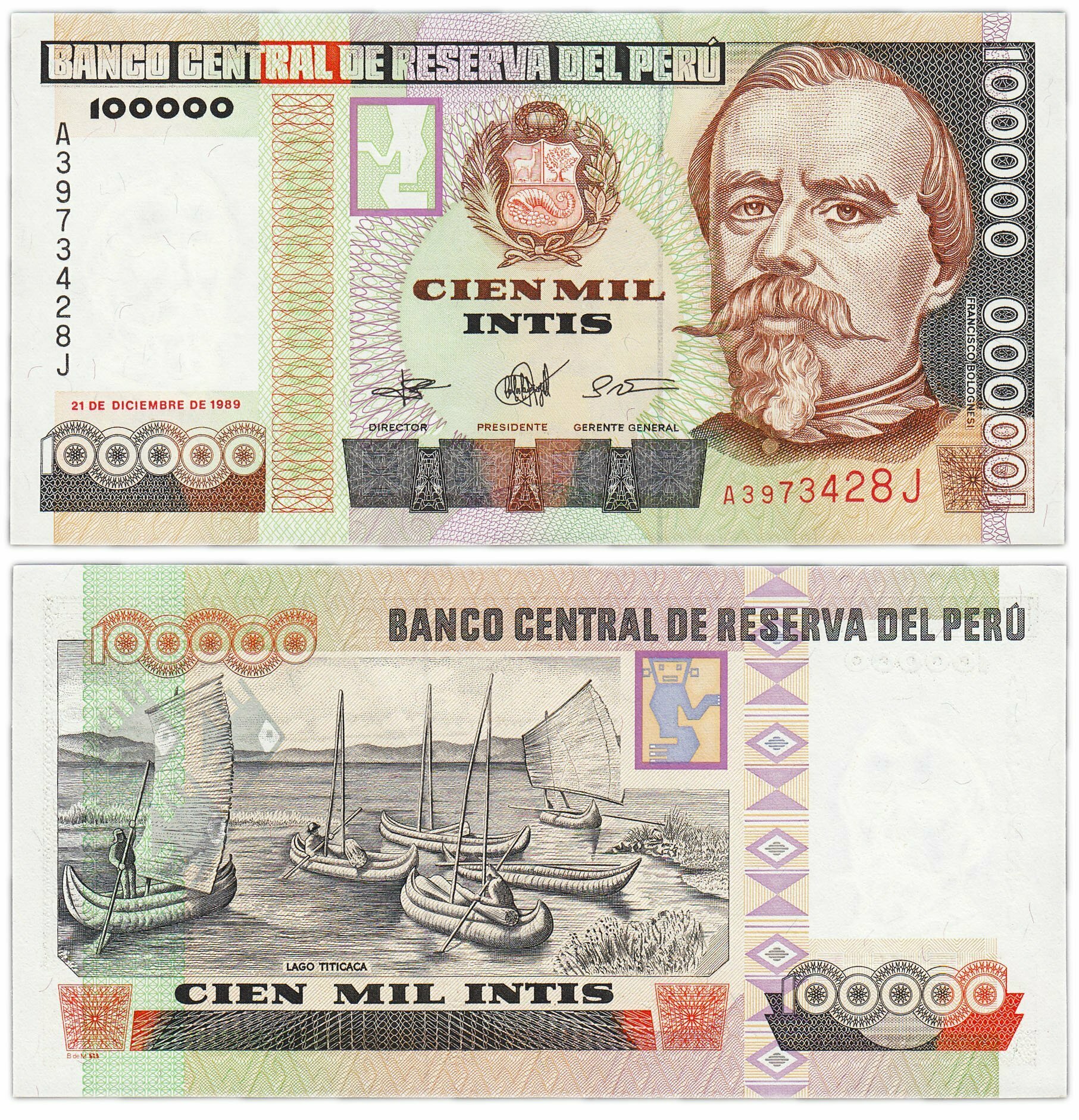 Перу 100000 инти 1989 года Pick 145
