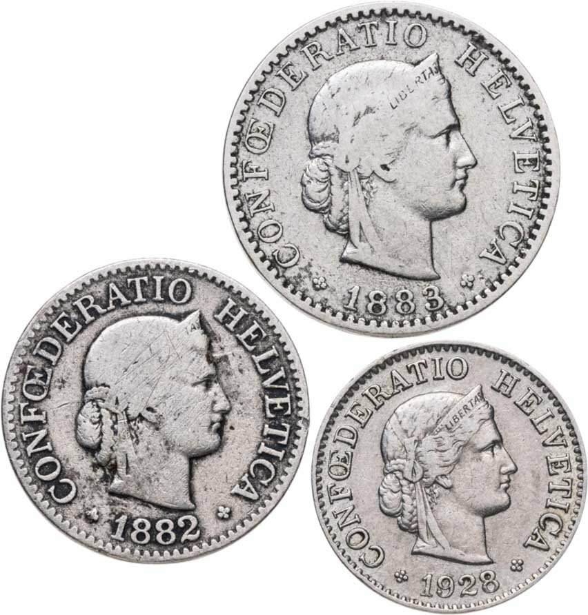 Швейцария набор из 3 монет 5, 10, 20 раппенов rappen 1882, 1883, 1928, Мельхиор медь-никель, в сохранности F-XF