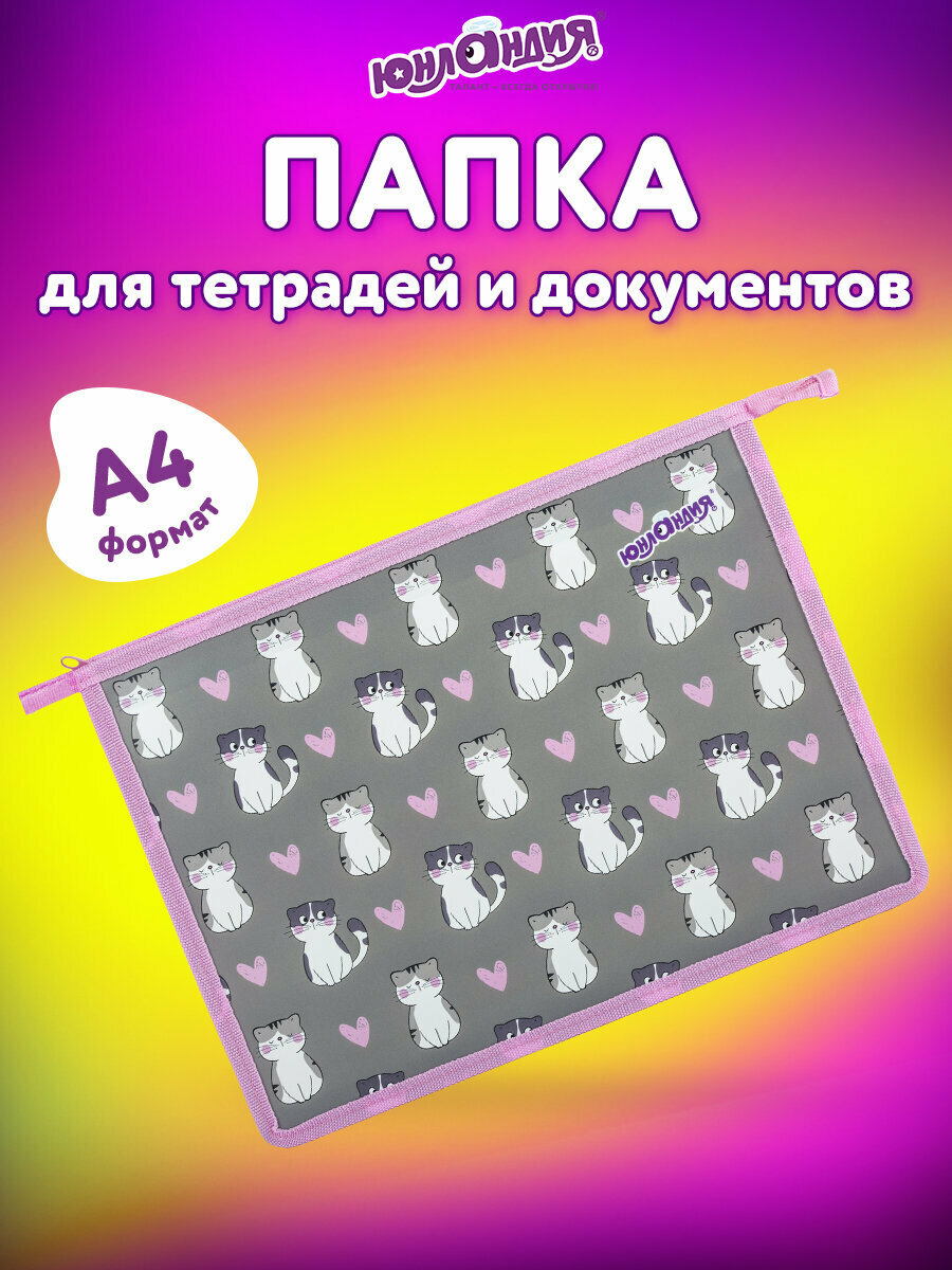 Папка для тетрадей Юнландия А4, 1 отделение, пластик, на молнии, Sweet whiskers, 272137